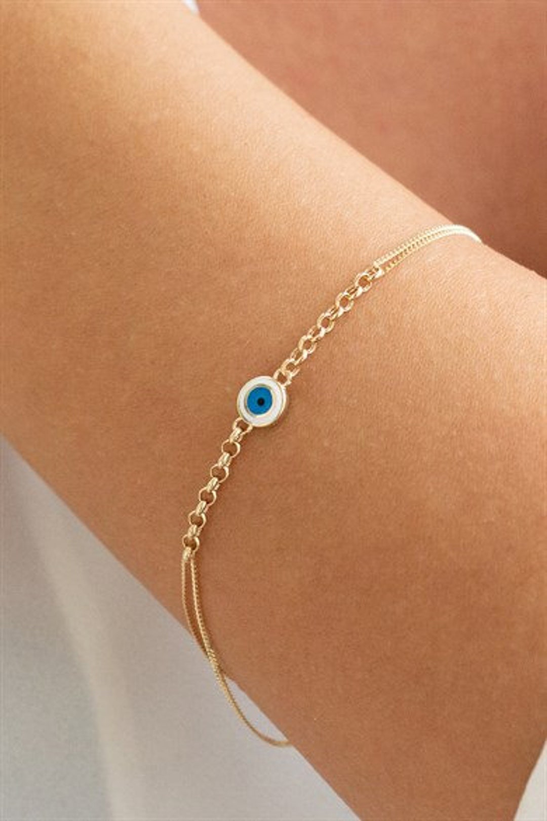 Evil Eye Gold Bracelet - Gold Chain - 14K Gold - Minimalist Bracelet -gift for Her - Birthday ...