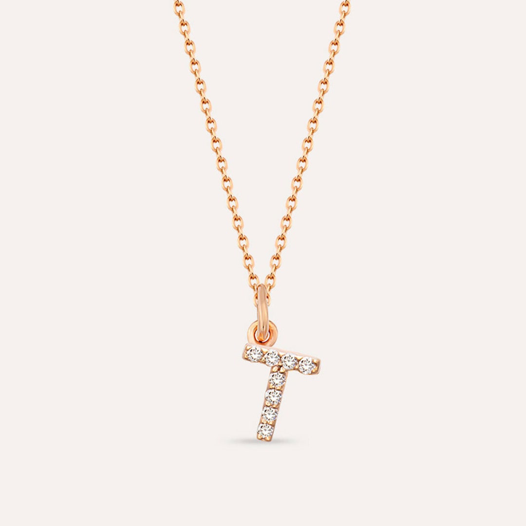 Letter T Diamond Stone Rose Gold Necklace - Etsy