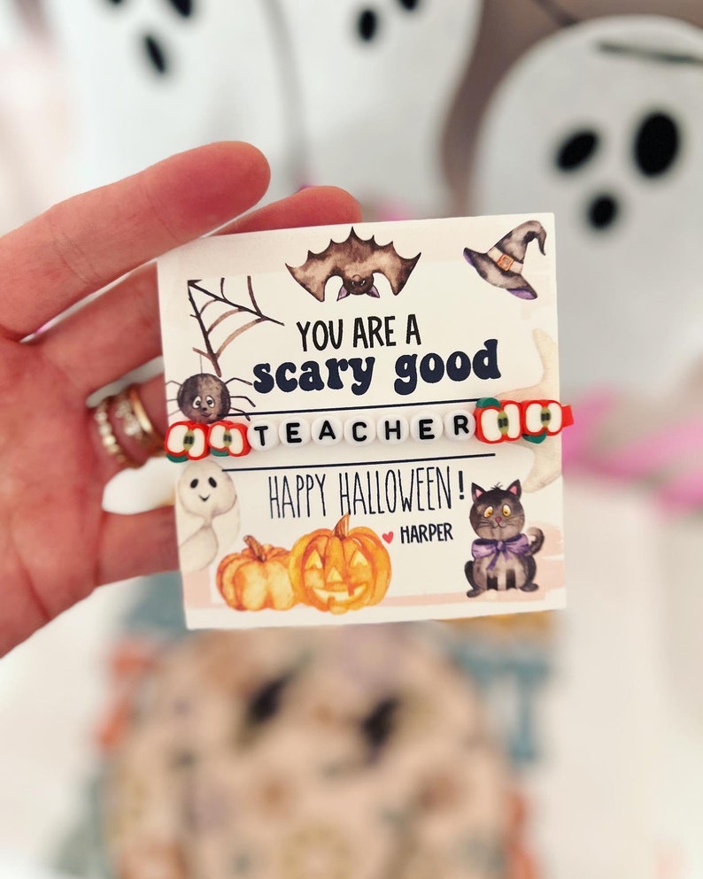 Halloween Teacher Apple Bracelet! Personalized Halloween Gift Tag ...