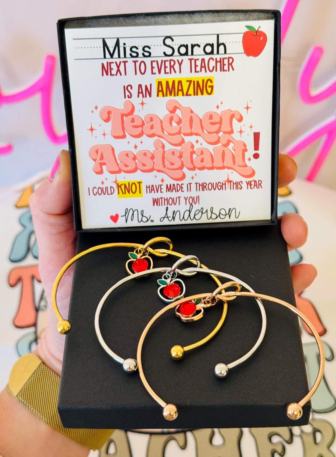 Teacher Assistant Gift Knot Bangle W/apple Charm! Personalized Card ...