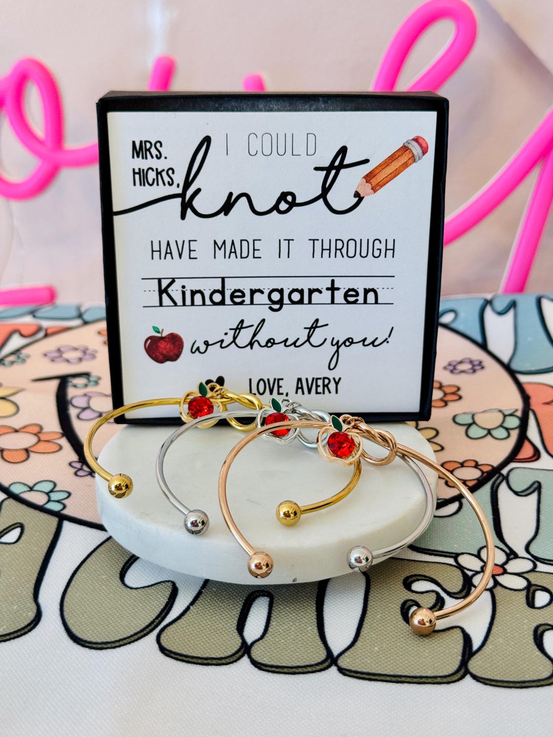 End of Year Teacher Gift Knot Bangle With Apple Charm, Personalized ...