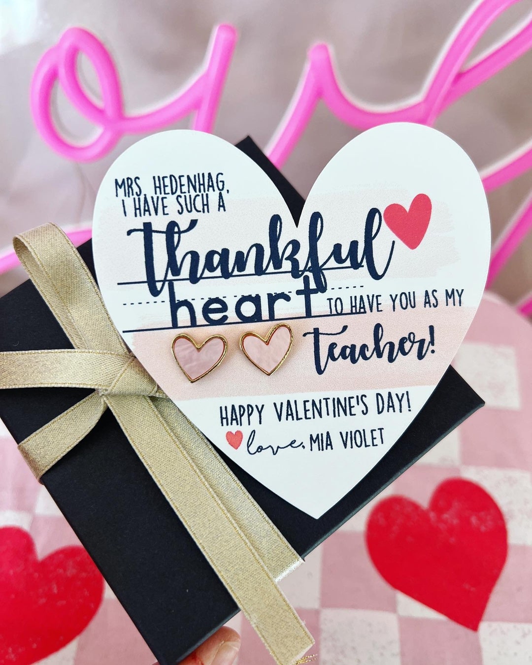 Pink + Gold Heart Studs, Teacher Valentine's Day Gift, Thanks for Being ...