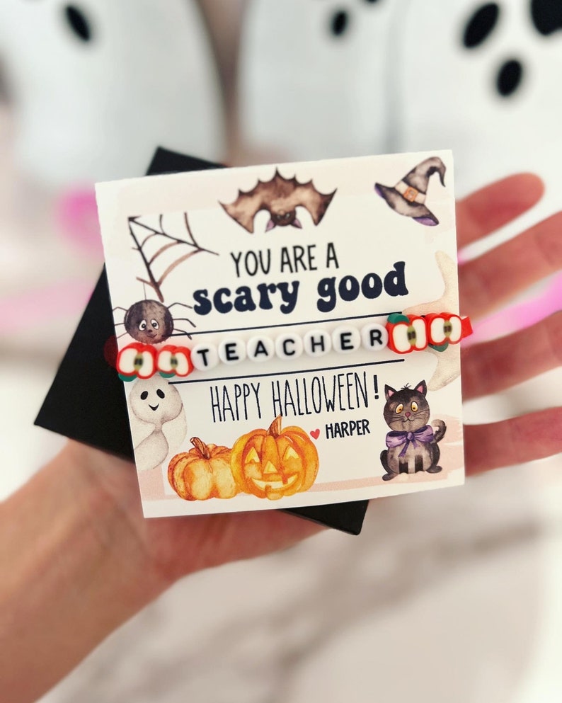 Halloween Teacher Apple Bracelet! Personalized Halloween Gift Tag ...