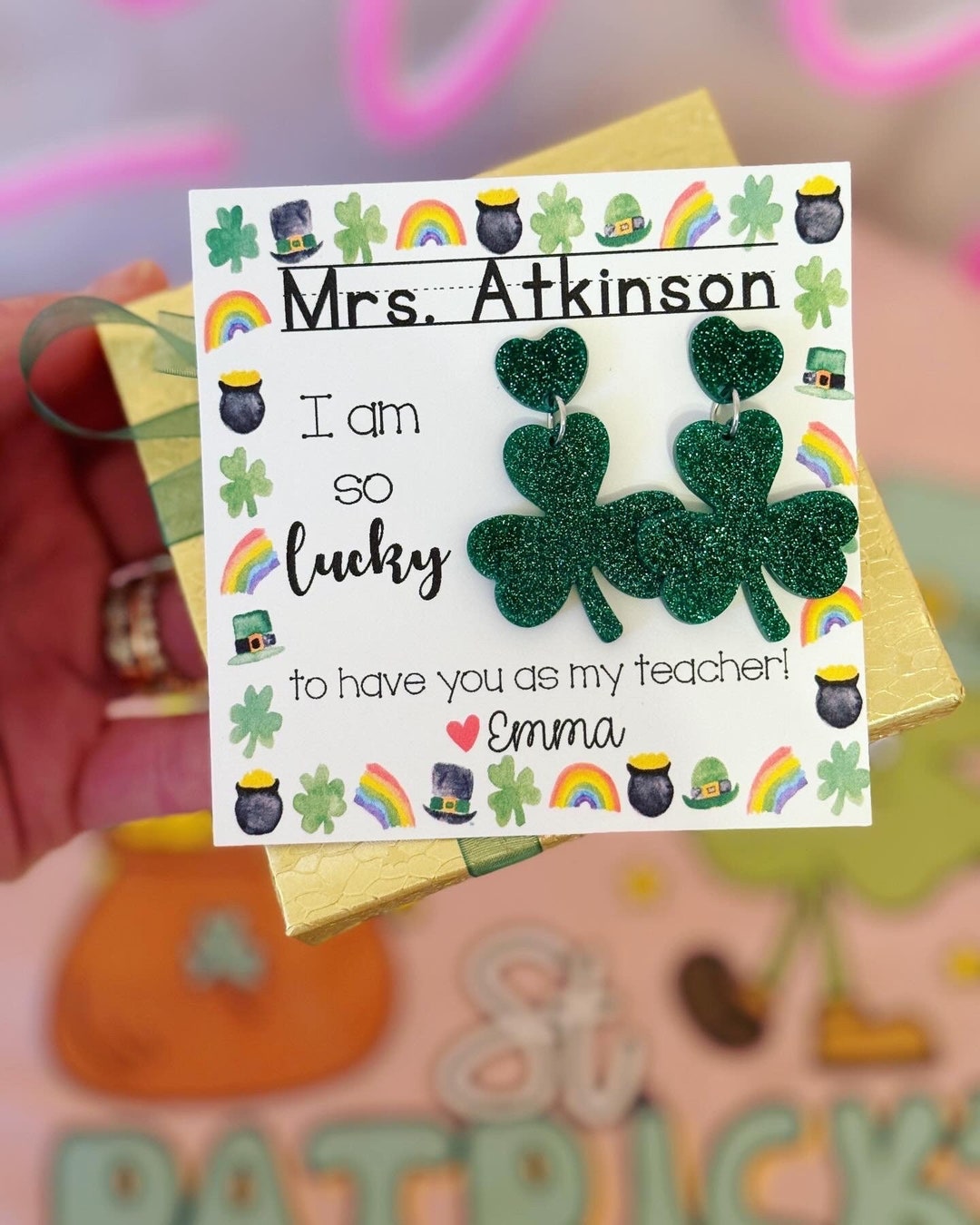 Teacher St. Patricks Day Gift Clover Earrings Personalized St. Patricks ...