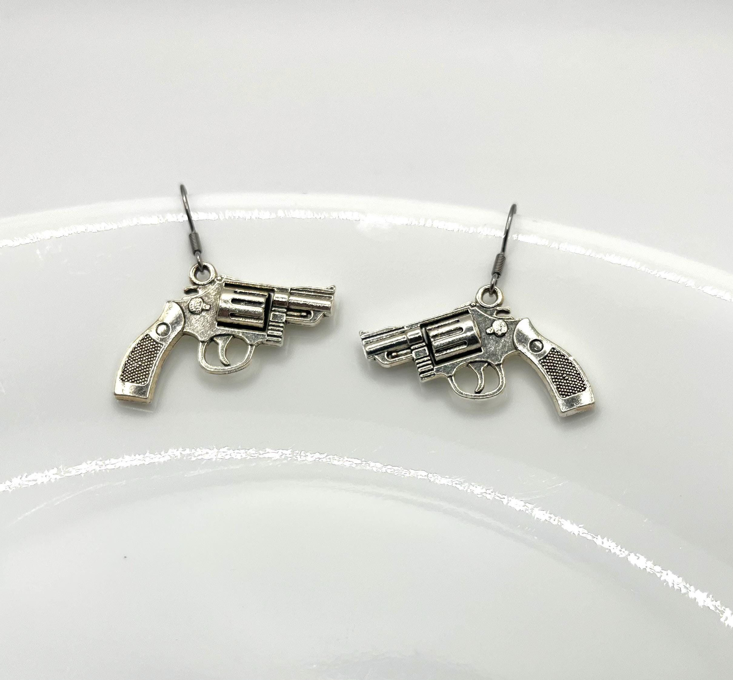 Antique Silver Pistol Revolver Gun Dangle Earrings, Handheld Gun ...