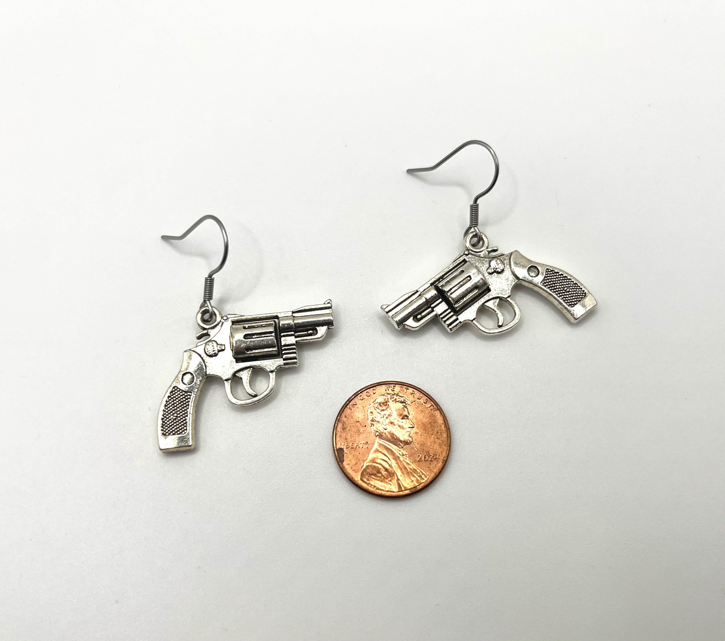 Antique Silver Pistol Revolver Gun Dangle Earrings, Handheld Gun ...