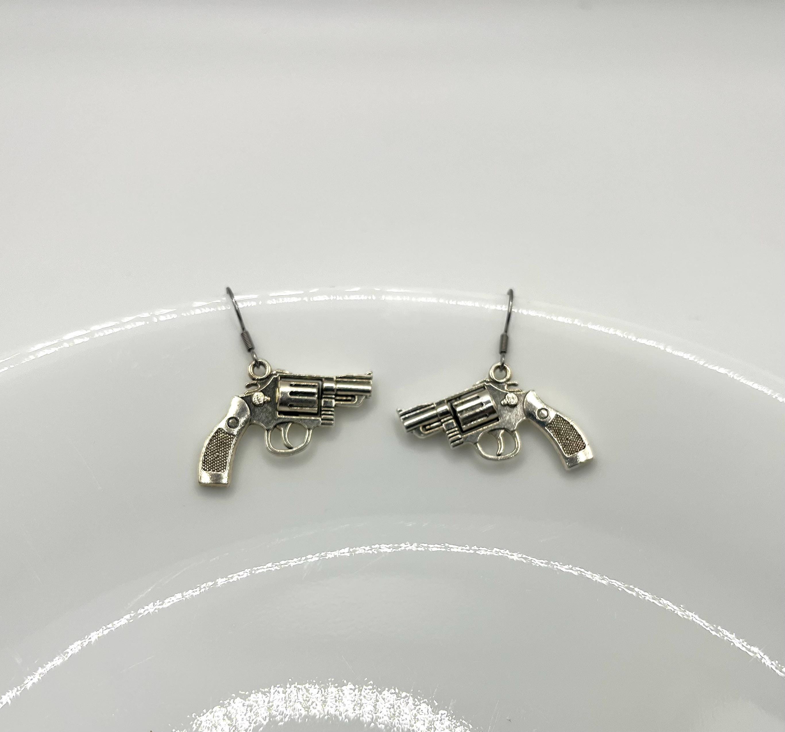 Antique Silver Pistol Revolver Gun Dangle Earrings, Handheld Gun ...