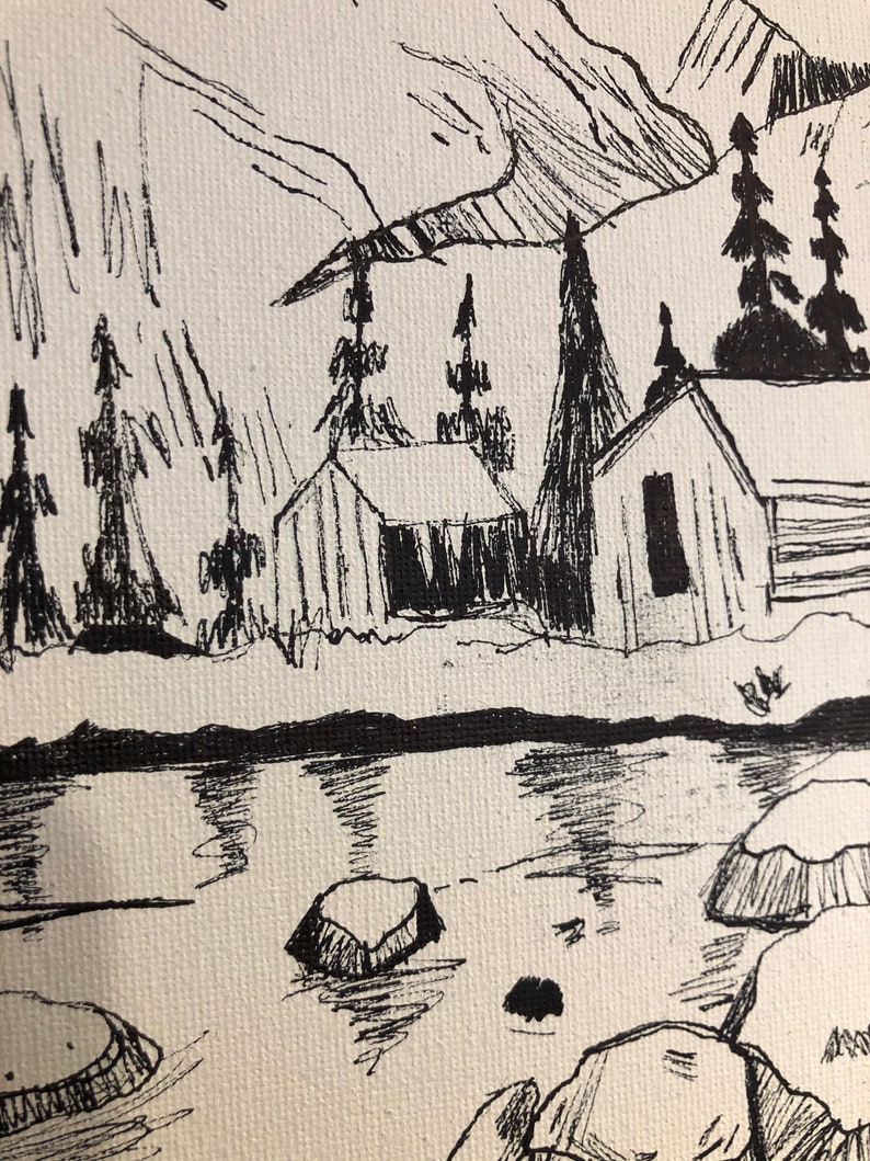 Canvas Panel Pen Line Drawing “mountain Cabin” - Etsy