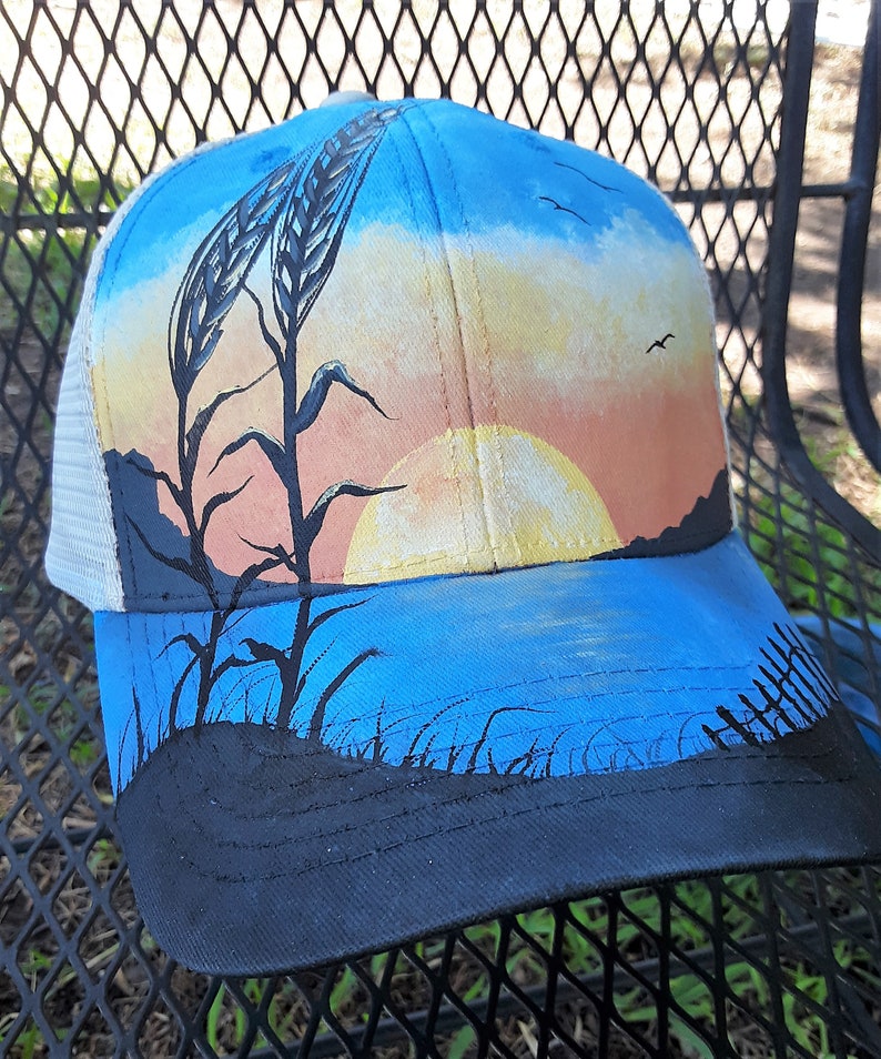 Sunset Trucker Cap, Adult Hand Painted Caps for Men or Women, Art ...