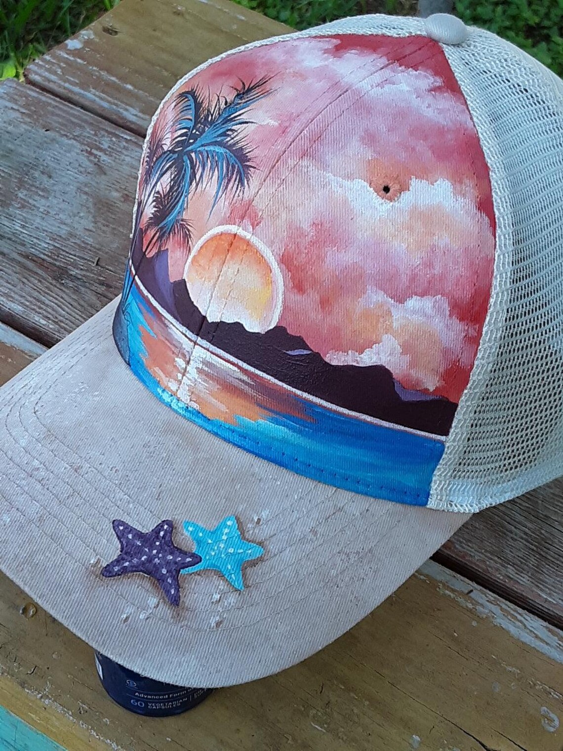 Sunny Days Trucker Ball Cap, Hand Painted Cap, Baseball Cap, One of a ...