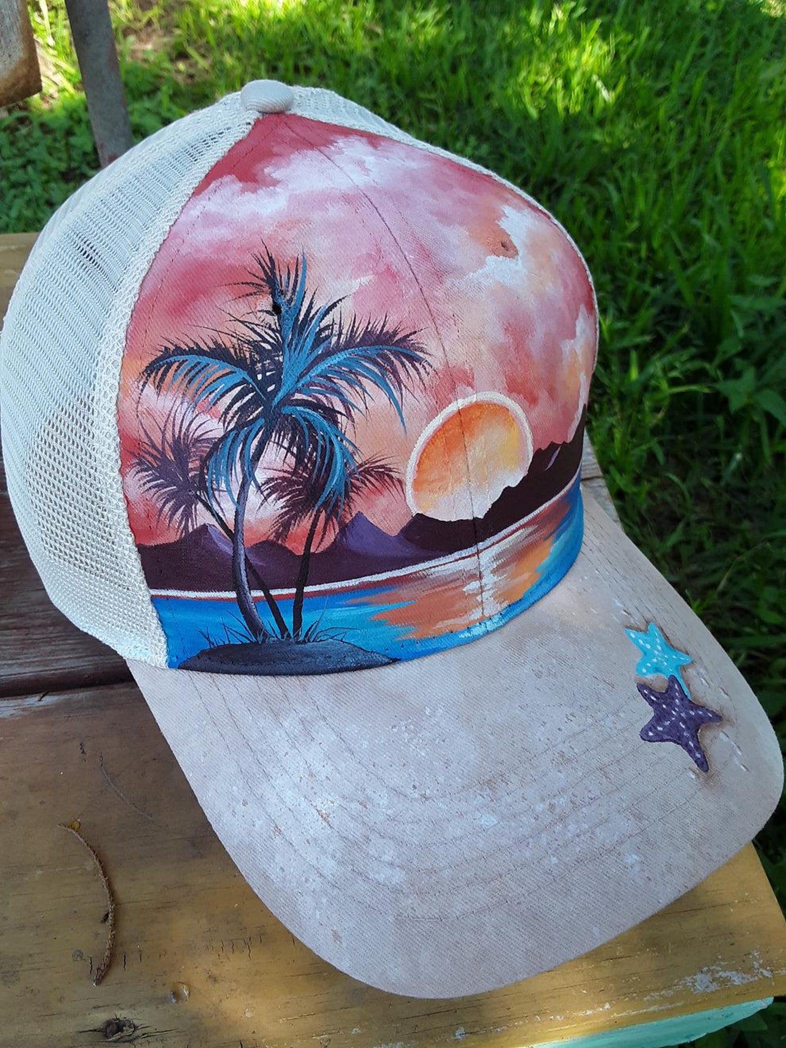 Sunny Days Trucker Ball Cap, Hand Painted Cap, Baseball Cap, One of a ...