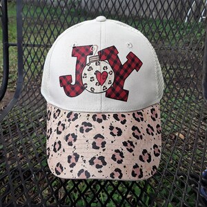 Joy Leopard Trucker Cap, Adult Christmas Hat, Leopard Cap, Christmas Ball Cap, Caps for Women or ...