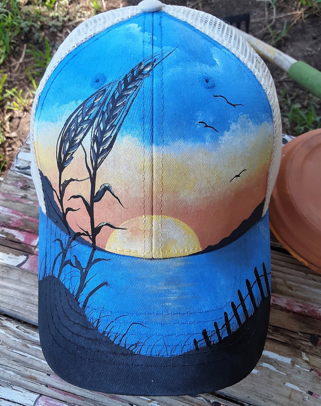 Sunset Trucker Cap, Adult Hand Painted Caps for Men or Women, Art ...