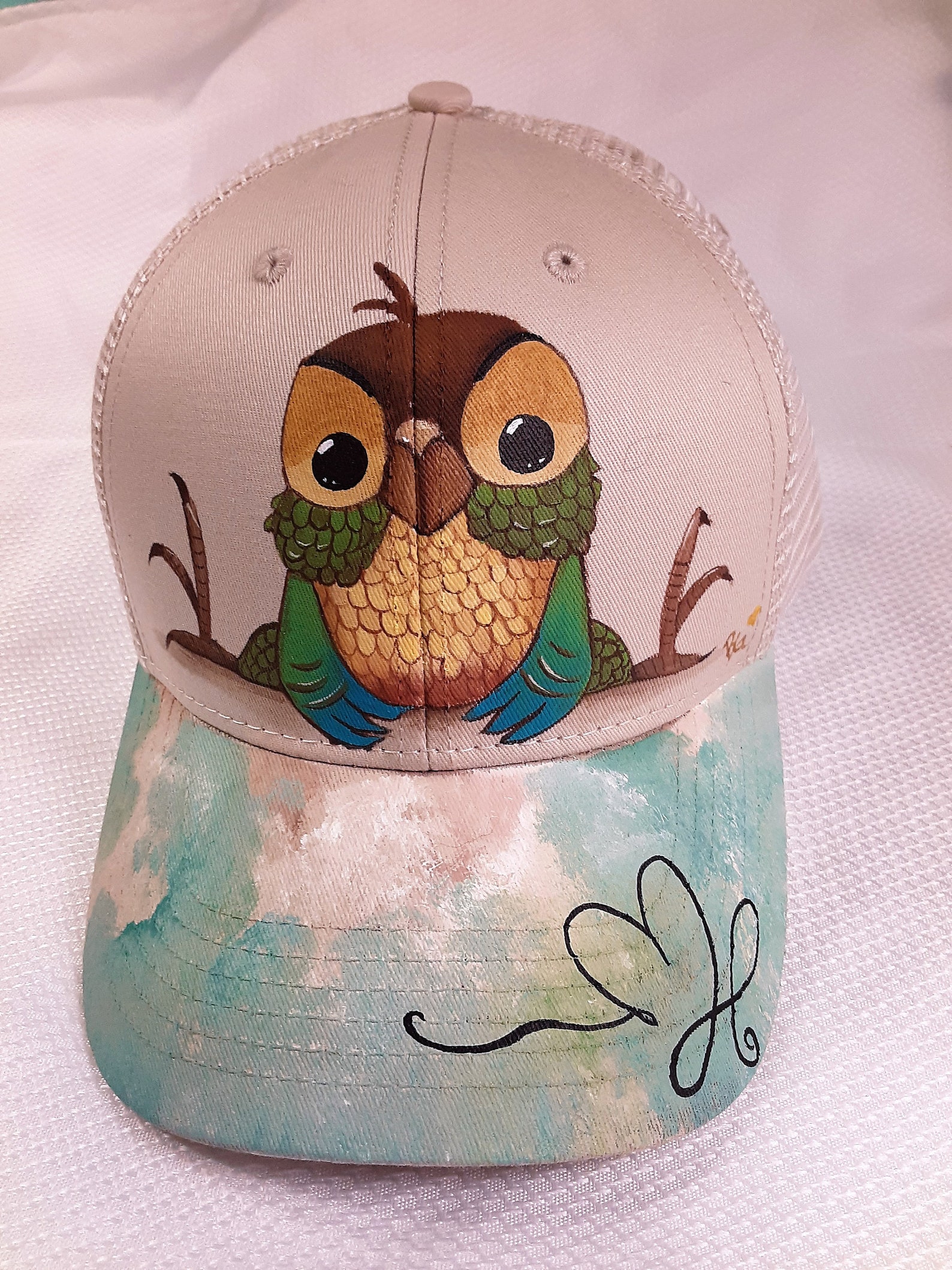 Owl Trucker Cap, Adult Hand Painted Cap, Colorful Design Cap, Baseball ...