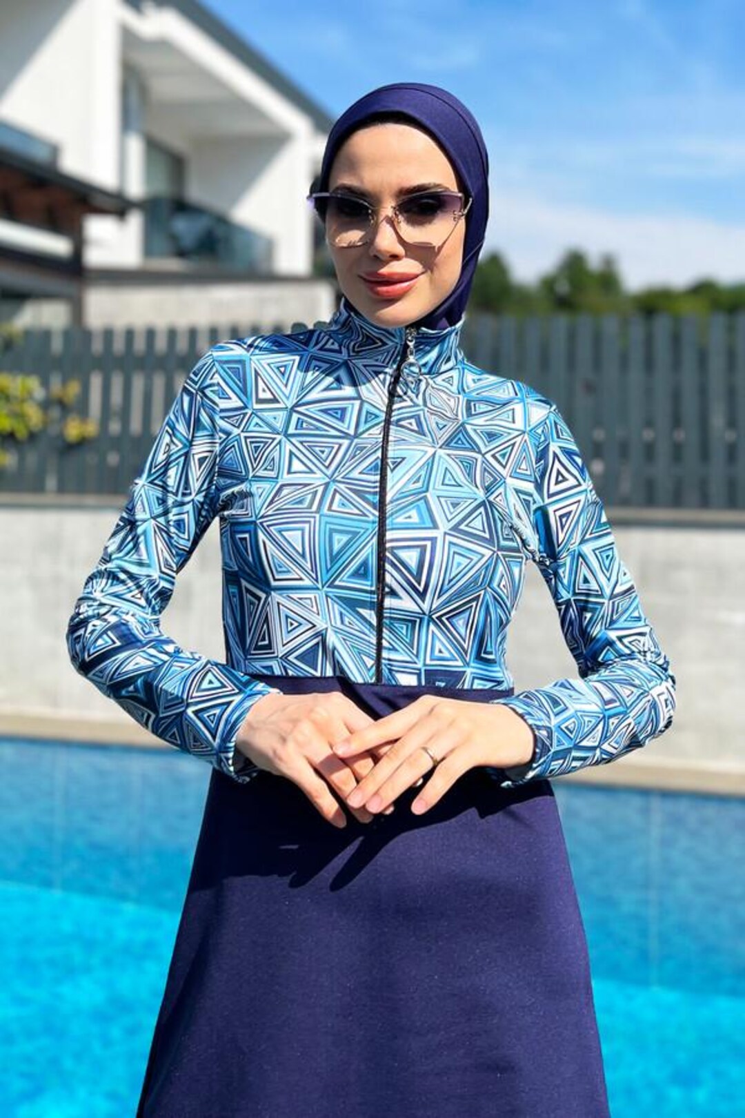 Half Zip Full Coverage Modest Swimsuit Set – R4506 Triangle Pattern ...