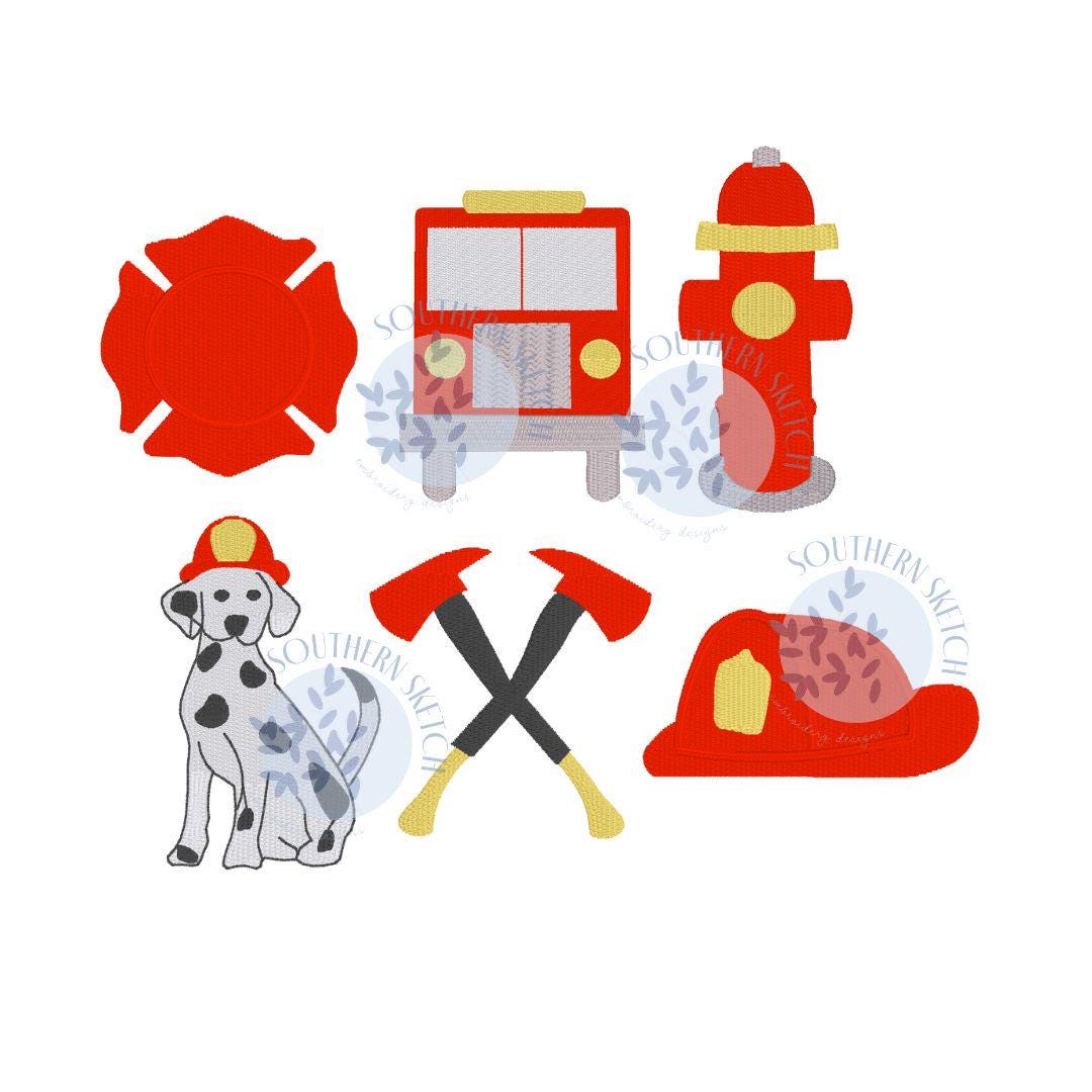 Mini Fill Stitch Firefighter Bundle Firetruck, Hydrant, Hat, Axe, Badge ...