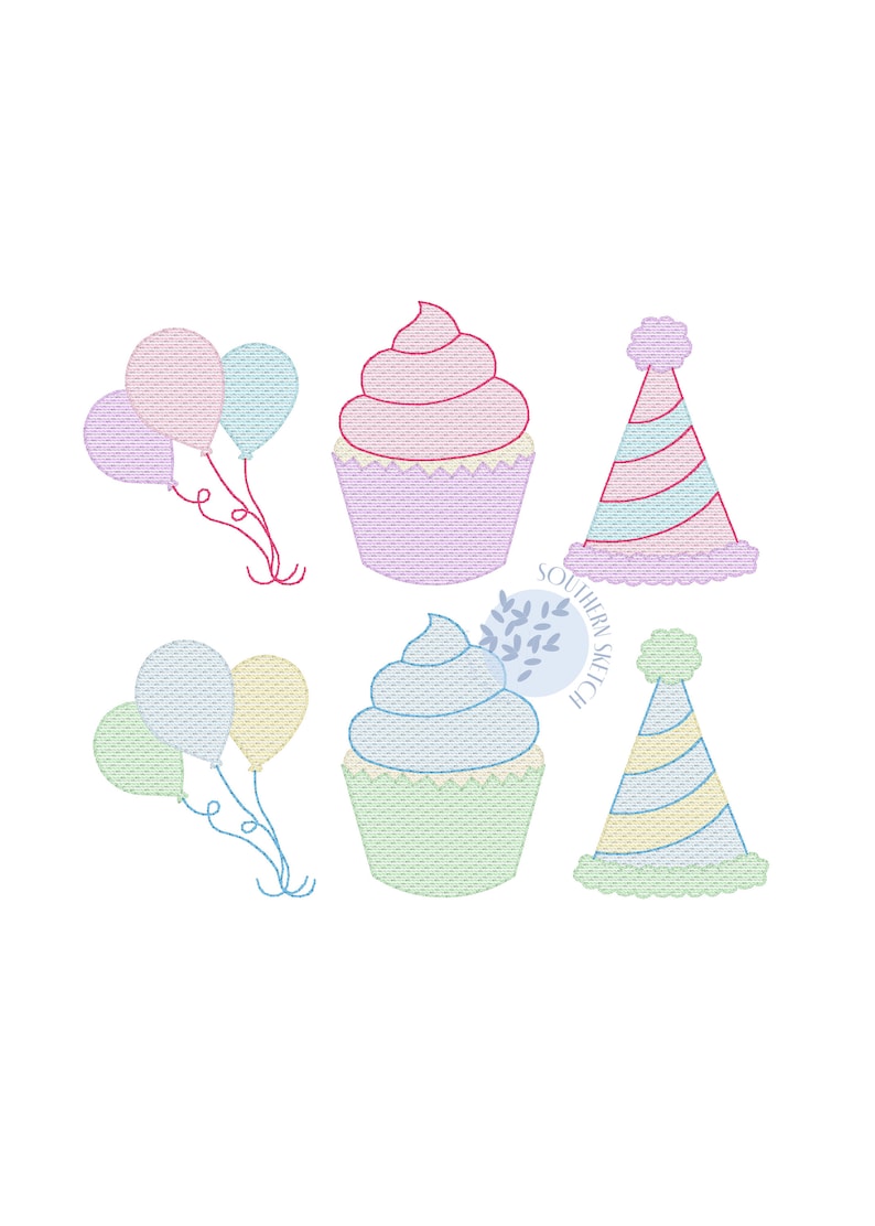 Happy Birthday Trio Balloons Cupcake Party Hat Sketch Fill - Etsy