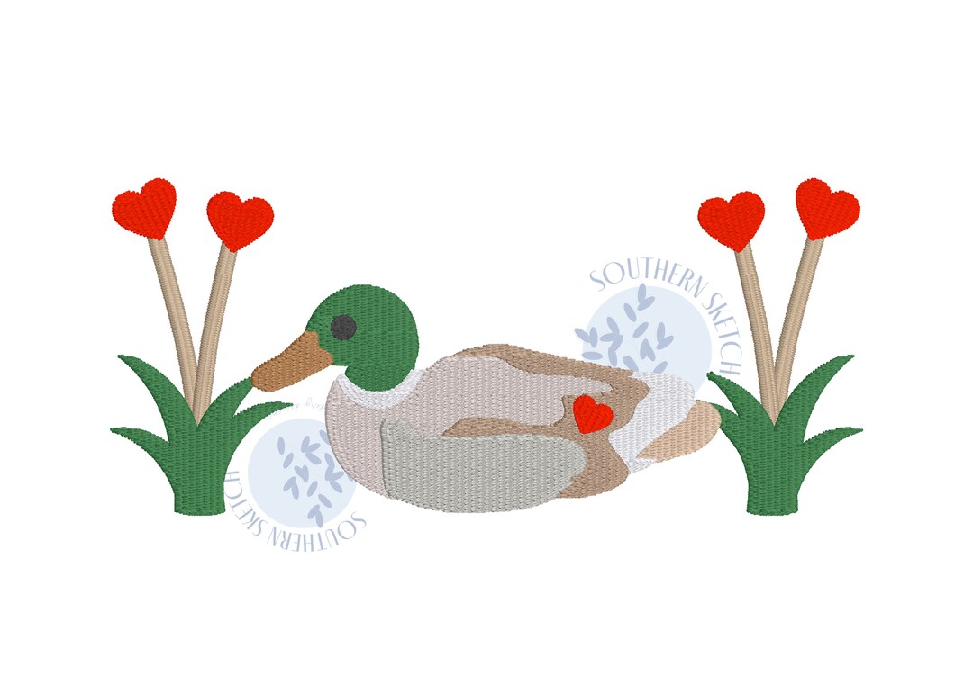 Fill Stitch Heart Mallard Cattails Duck Hunting Valentine's Day Girl ...