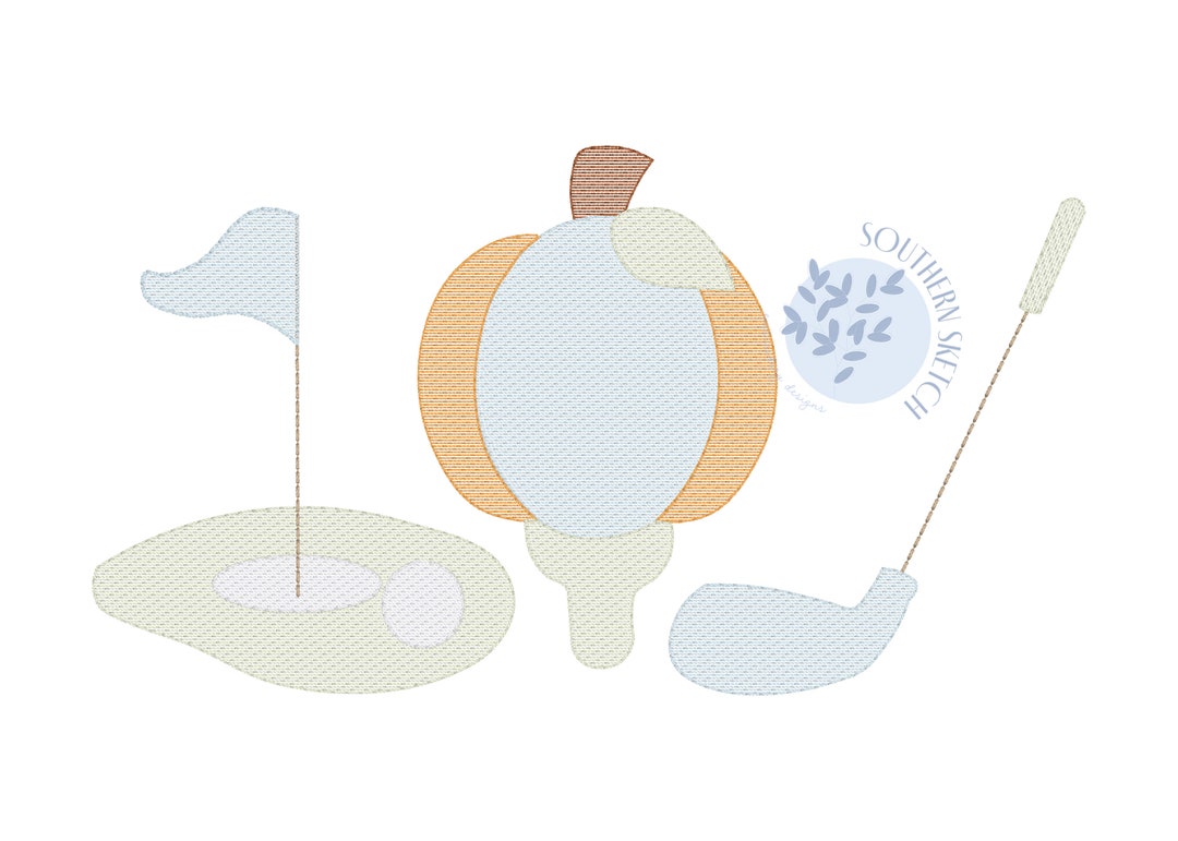 Pumpkin Golf Fall Sports Trio Machine Embroidery Design Sketch Light ...