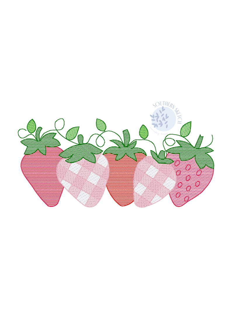 Gingham Strawberry Patch Vine Spring Summer Sketch Light Fill Machine ...