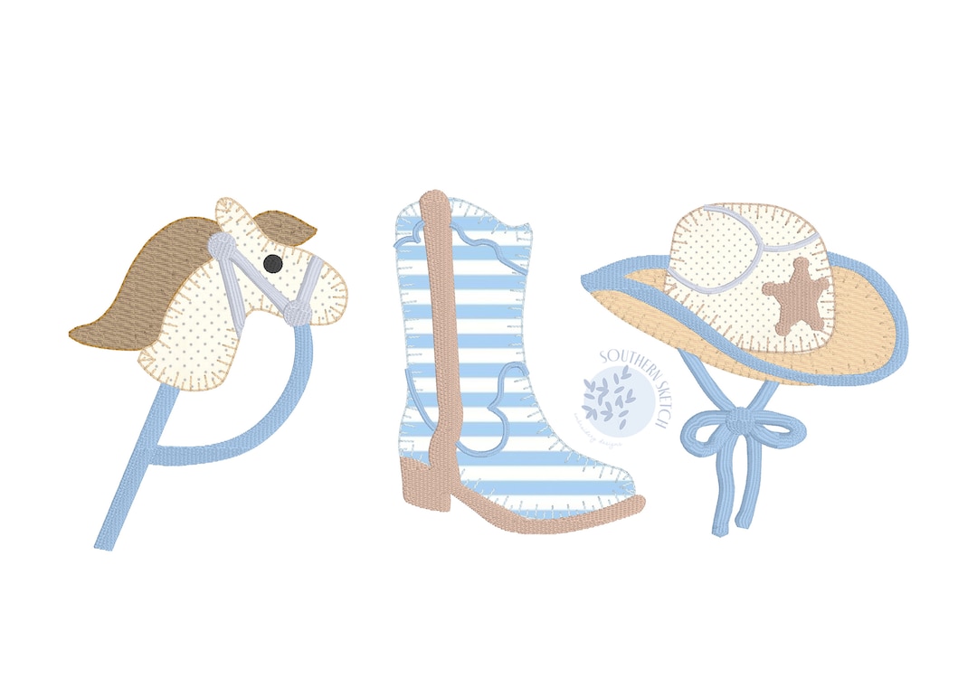Applique Cowboy Trio Rodeo Hat, Boots, Toy Horse Stick Blanket E Stitch ...