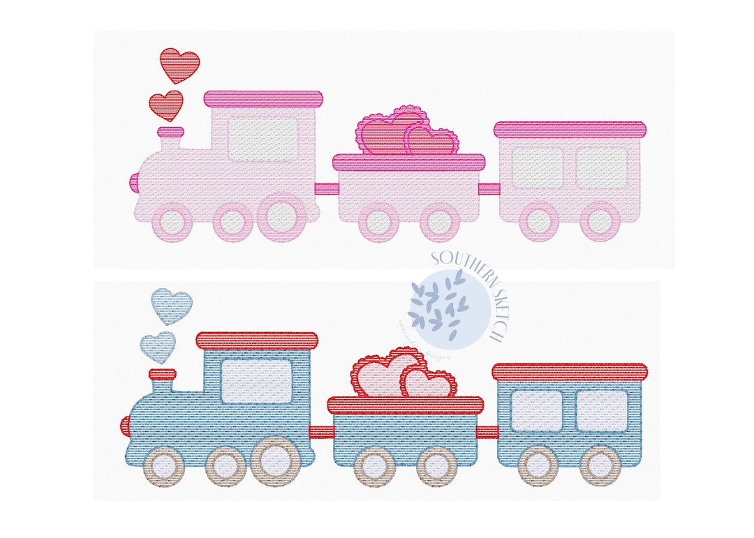 Valentine's Day Heart Train Sketch Fill, Light Fill, Quick Stitch ...