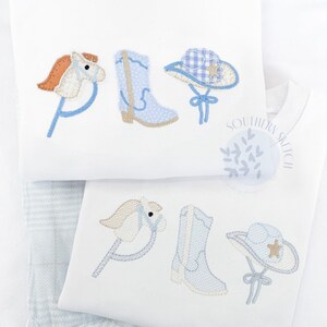 Applique Cowboy Trio Rodeo Hat, Boots, Toy Horse Stick Blanket E Stitch ...