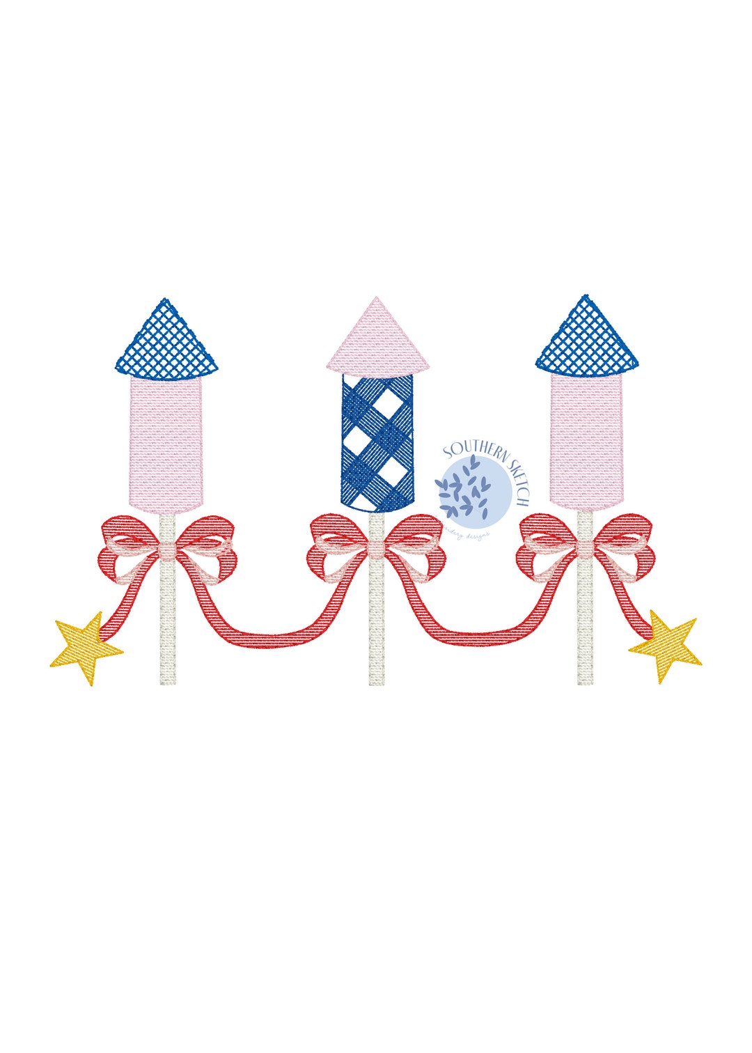 Gingham Firework Bow Trio 4th of July Rockets Sketch Fill Light Fill ...
