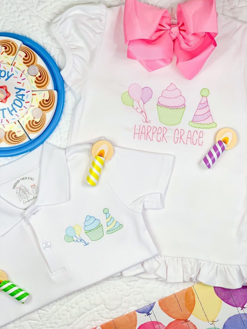 Happy Birthday Trio Balloons Cupcake Party Hat Sketch Fill - Etsy