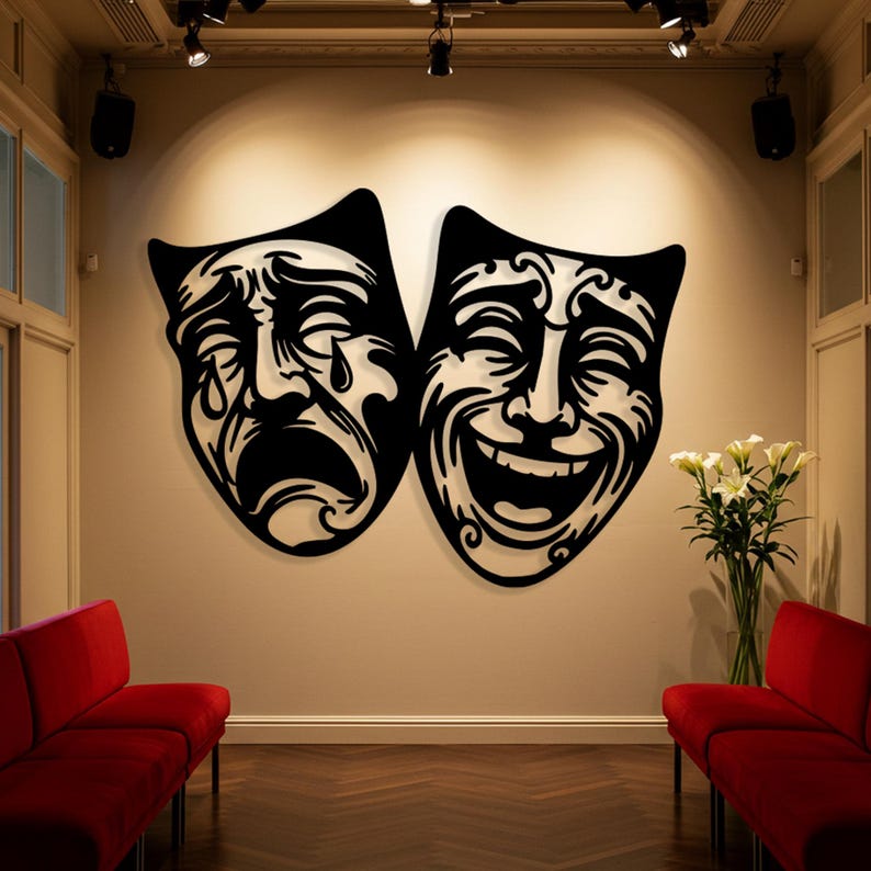Comedy Tragedy Masks Metal Decor, Oversized Theater Masks Wall Art, Metal Drama Wall Decor ...