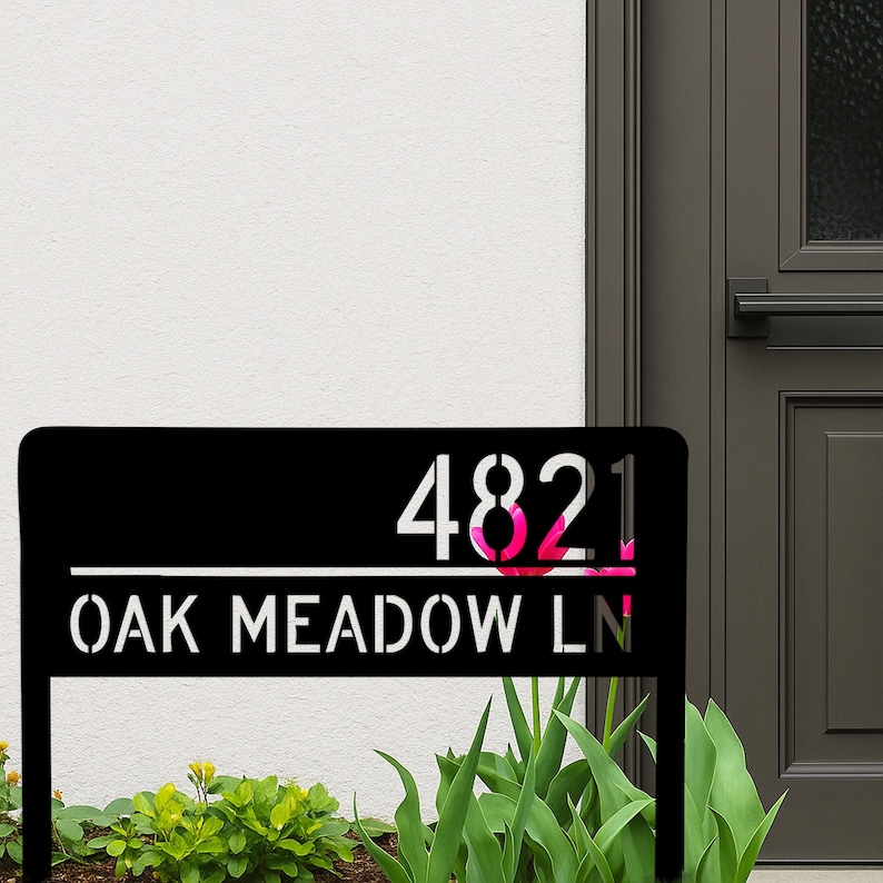 Modern Metal Address Yard Sign, Custom House Number Garden Stake ...