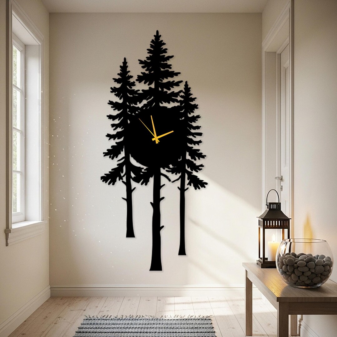 Large Pine Tree Metal Clock, Vertical Long Tree Wall Clock, Nature ...
