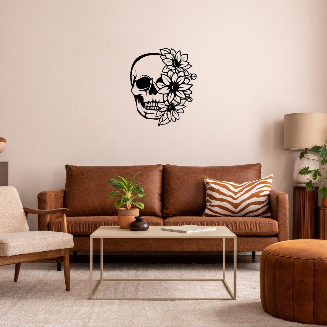 Flower and Skull Metal Wall Decor, Skull With Flowers Wall Art, Gothic ...