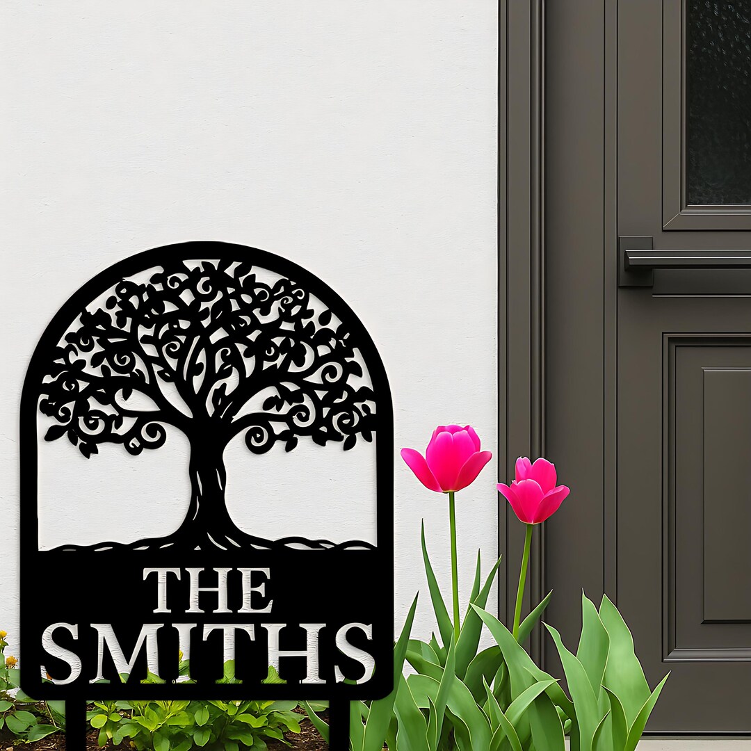 Custom Family Name Metal Yard Sign, Personalized Tree of Life Garden ...