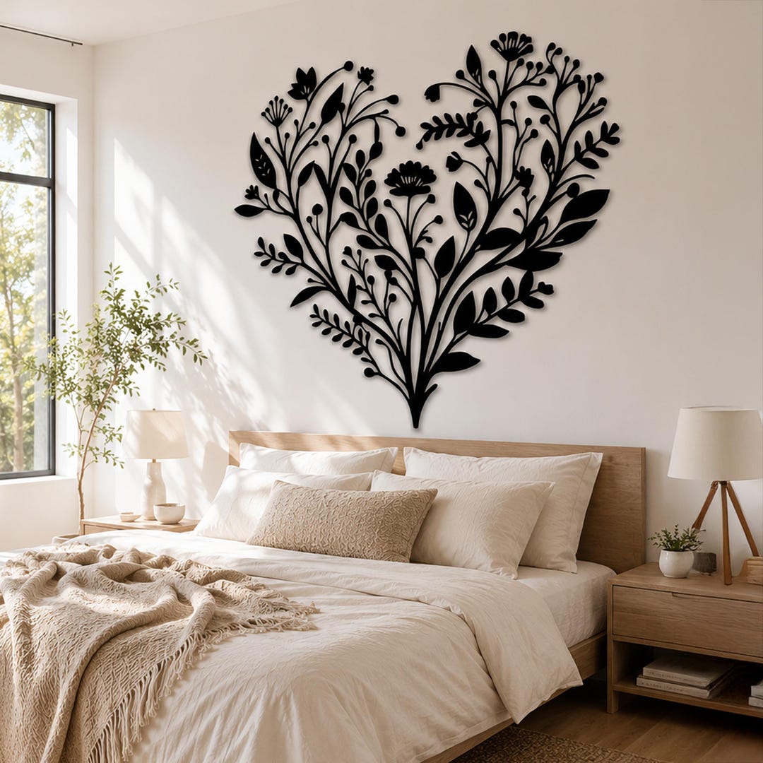 Heart Shaped Floral Metal Wall Art, Botanical Wall Decor for Living ...