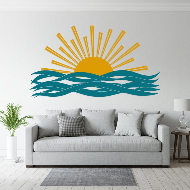 Sun Metal Wall Art, Coastal Sunrise Decor, Abstract Ocean Wave Wall Art ...