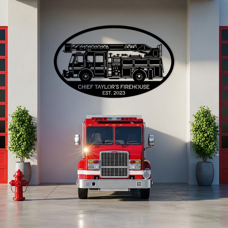 Custom Fire Truck Station Metal Sign, Personalized Firehouse Wall Art ...