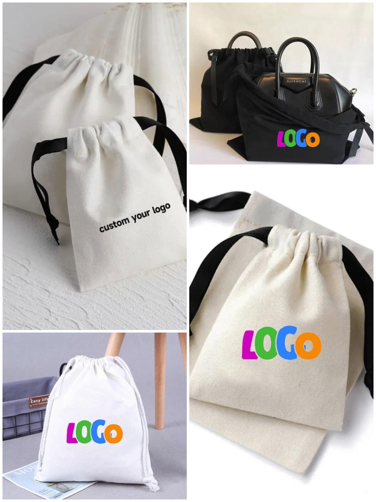 Thick Natural Organic Cotton Drawstring Bag With Grosgrain Satin Ribbon ...