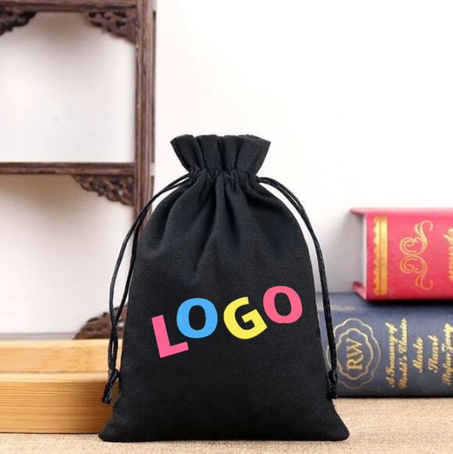 Custom Reusable Large Size Black Cotton Canvas Drawstring Pouch Bags ...