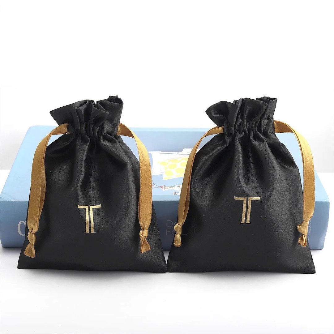 Set of 10/20 Black Satin Bags Gold Print Solid Party Storage Drawstring ...