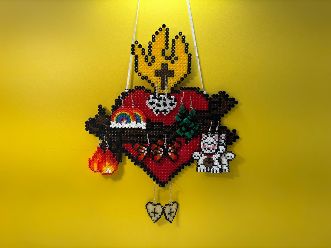 Handmade Hama Bead / Perler Bead Sacred Heart Earring Holder / Wall Art ...