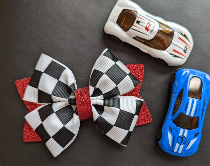 Checkered Flag Racing Hair Bow, Race Hair Clip, 4" Hair Bow, Checkered ...
