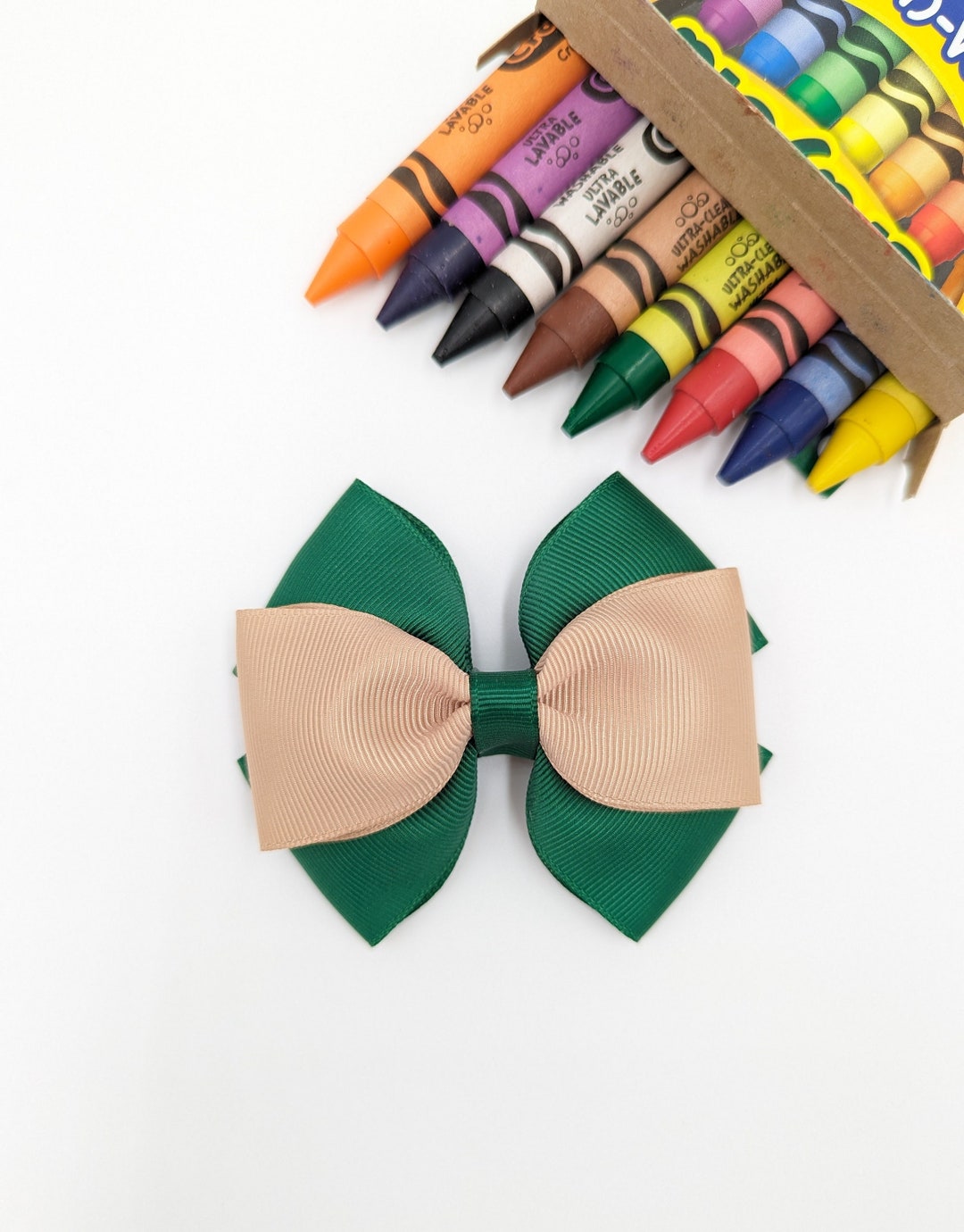 Green and Tan School Bow, School Uniform Bow, Forest Green and Beige ...