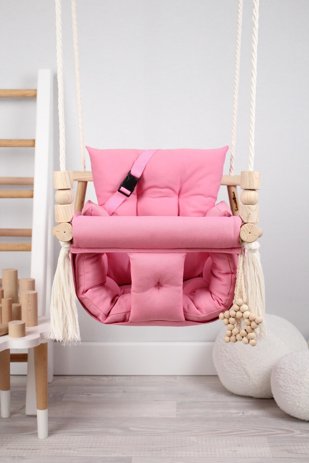 Pink Cotton Canvas Baby Swing: Montessori Style With Wooden Beads - Etsy