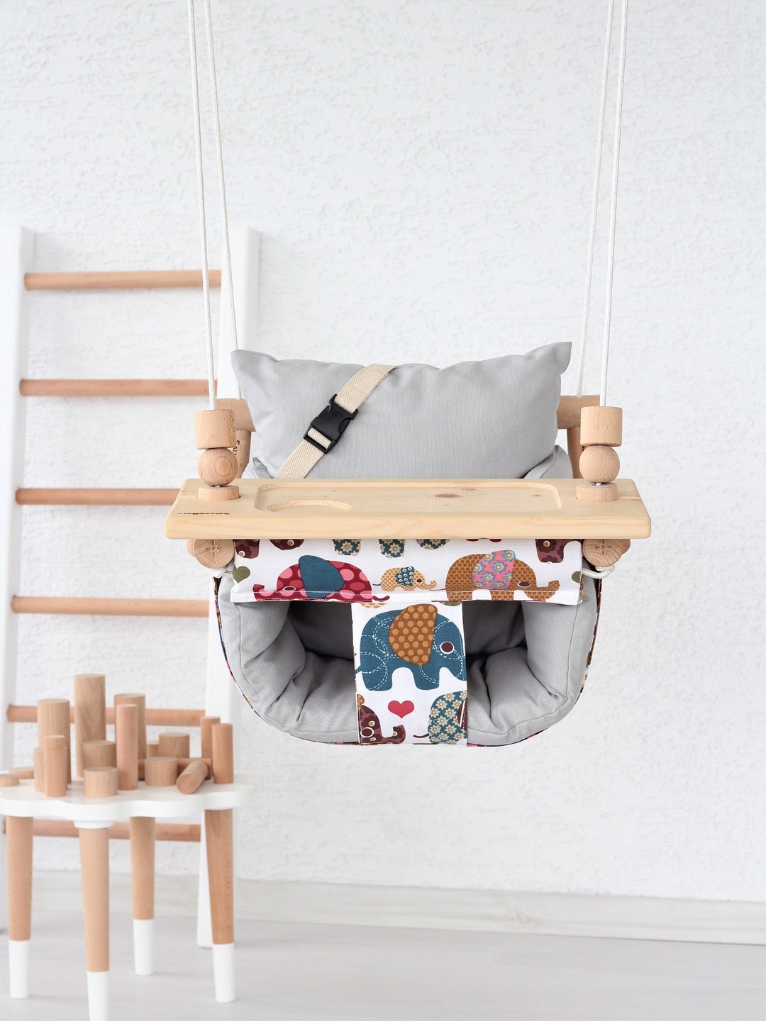 Elephant Print Baby Swing: Handmade Wooden Highchair Swing - Etsy