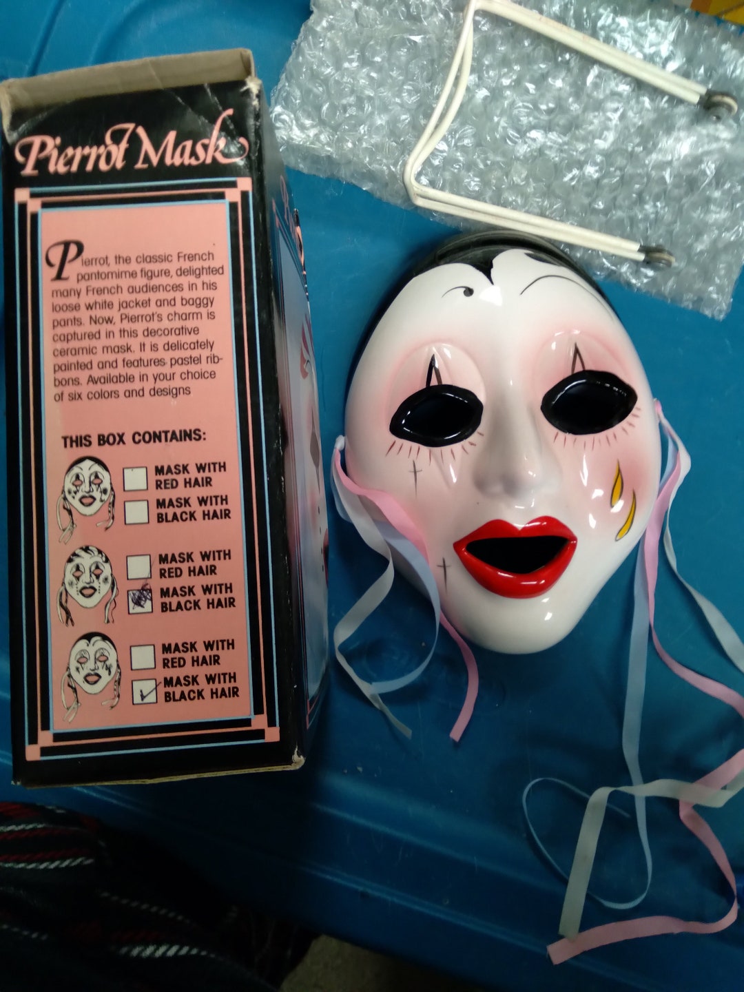 Pierrot Vintage Black Hair Ceramic Theater Mask Decorative Collectible ...