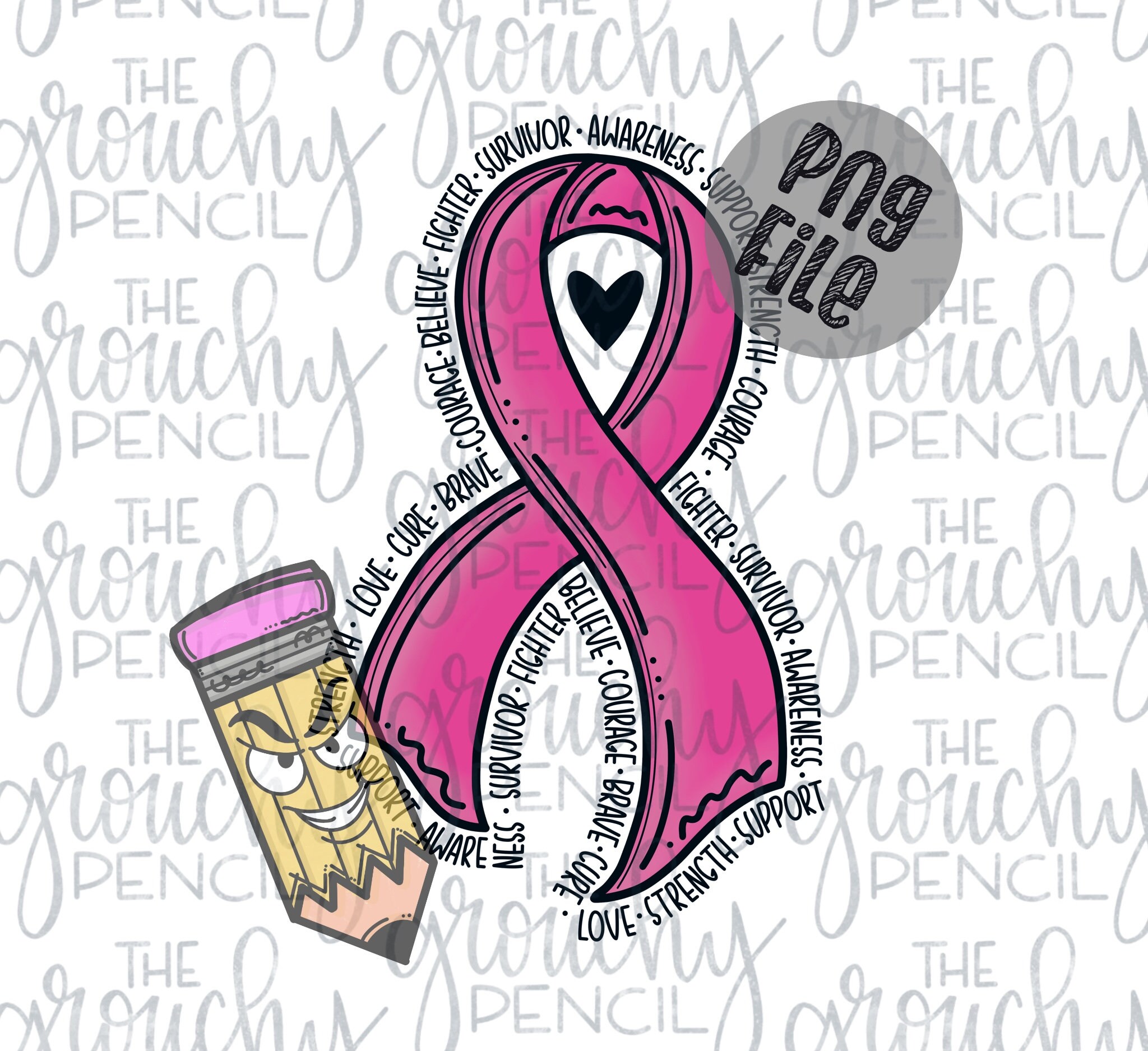 Pink awareness ribbon Handlettered PNG digital download | Etsy