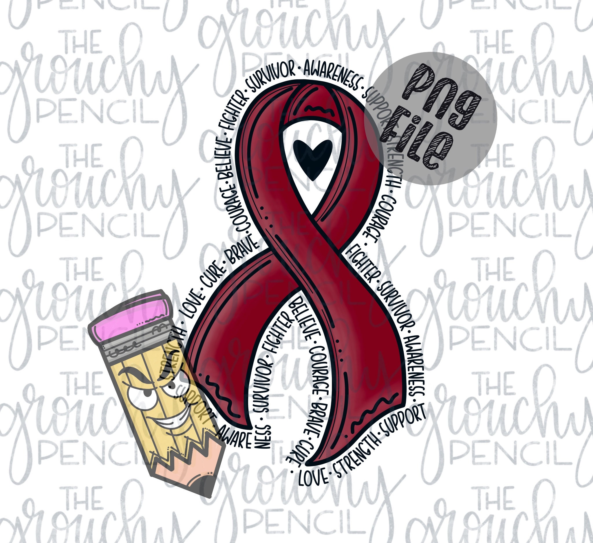 Burgundy awareness ribbon Handlettered PNG digital download | Etsy