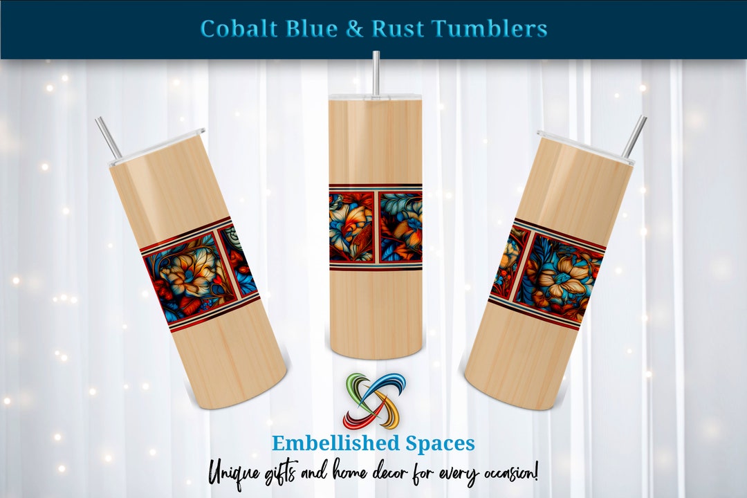 Cobalt Blue & Rust Flowers on a Blonde Faux Wood Finish 20oz 30oz ...