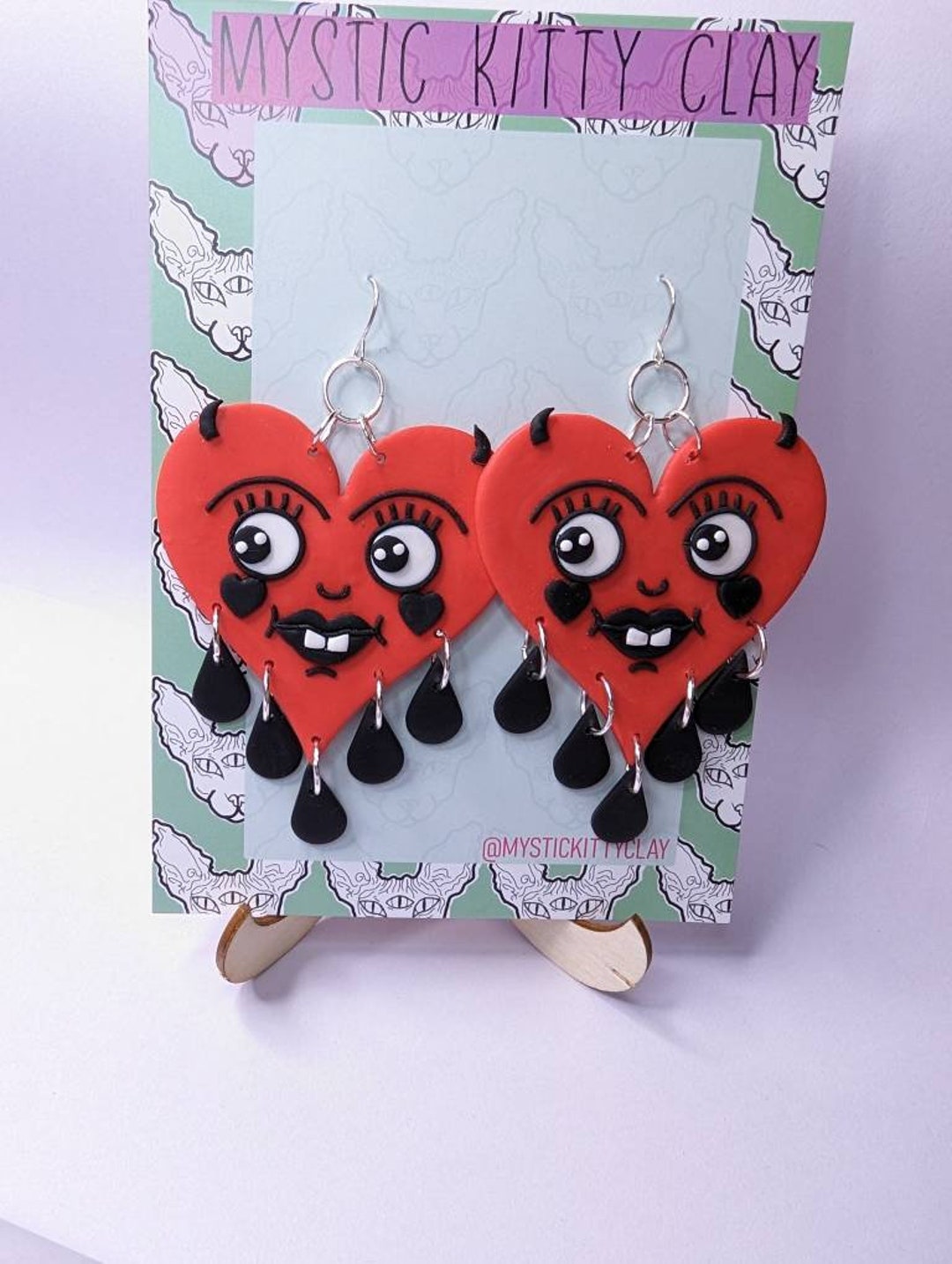 Devil Goofy Heart Earrings/ Polymer Clay/ Crying Heart/ Love/ Passion ...